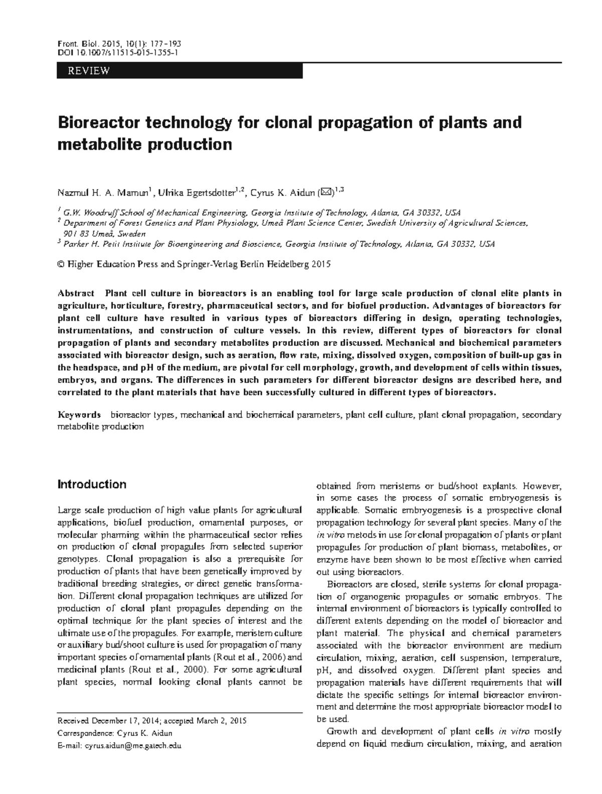 2015 Bioreactor Technology For Clonal Propagation Of Plants And Metabolite Production Review