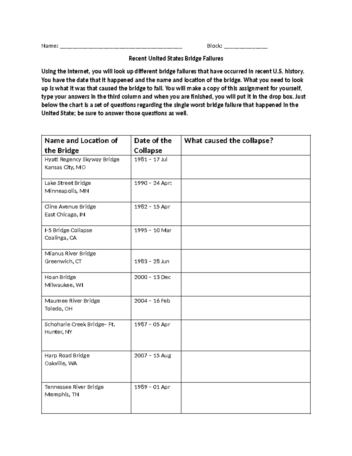 Bridge+Failures+work+sheet - Name ...