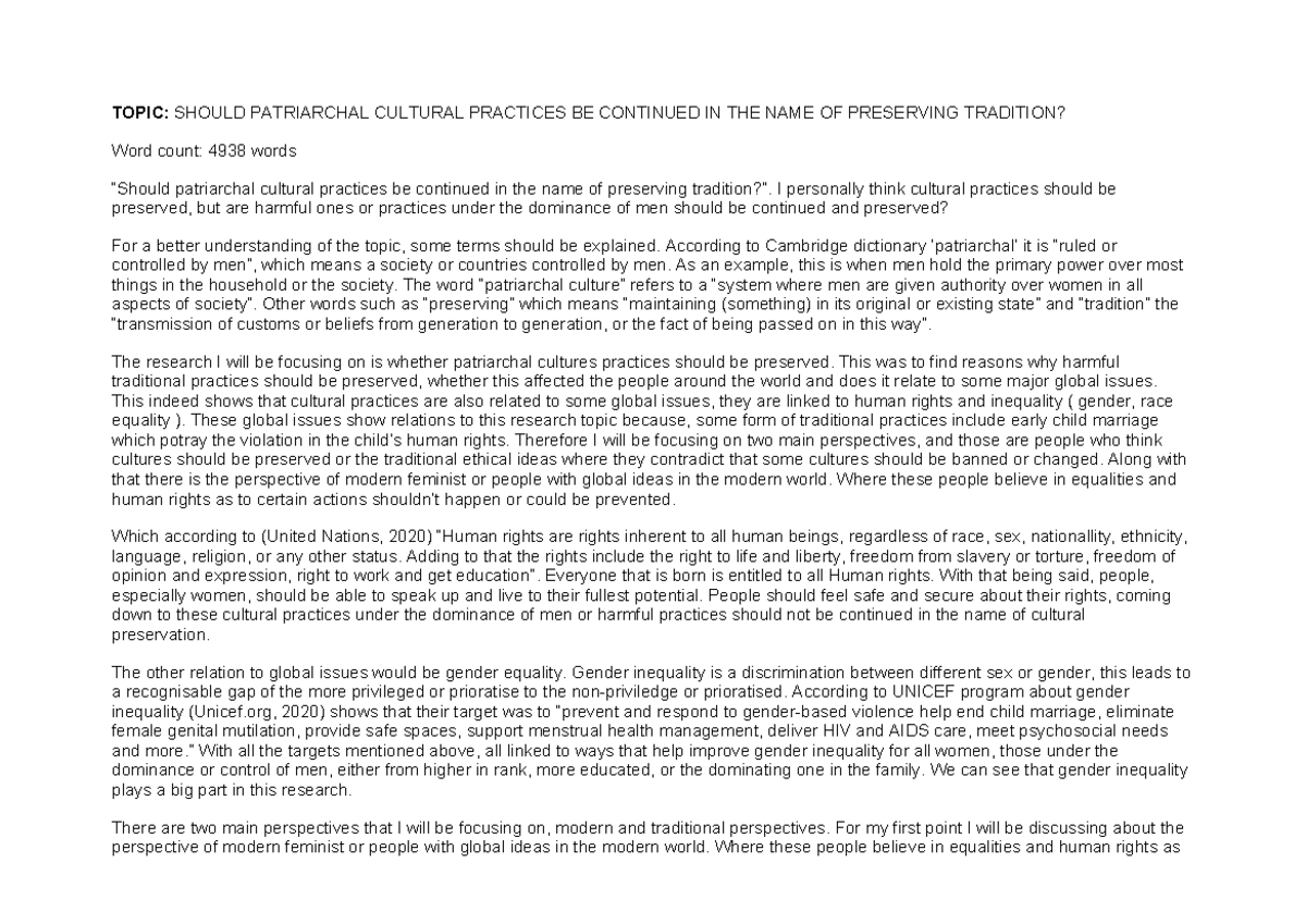 Gp Essay - TOPIC: SHOULD PATRIARCHAL CULTURAL PRACTICES BE CONTINUED IN ...