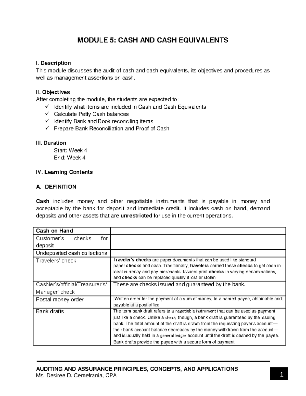 Module 5 - Substantive Test of Cash - AUDITING AND ASSURANCE PRINCIPLES ...