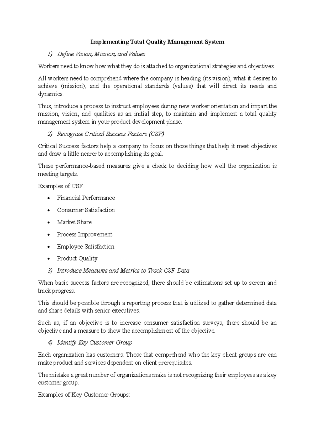 11. Implementing TQM System - Implementing Total Quality Management System Define Vision ...