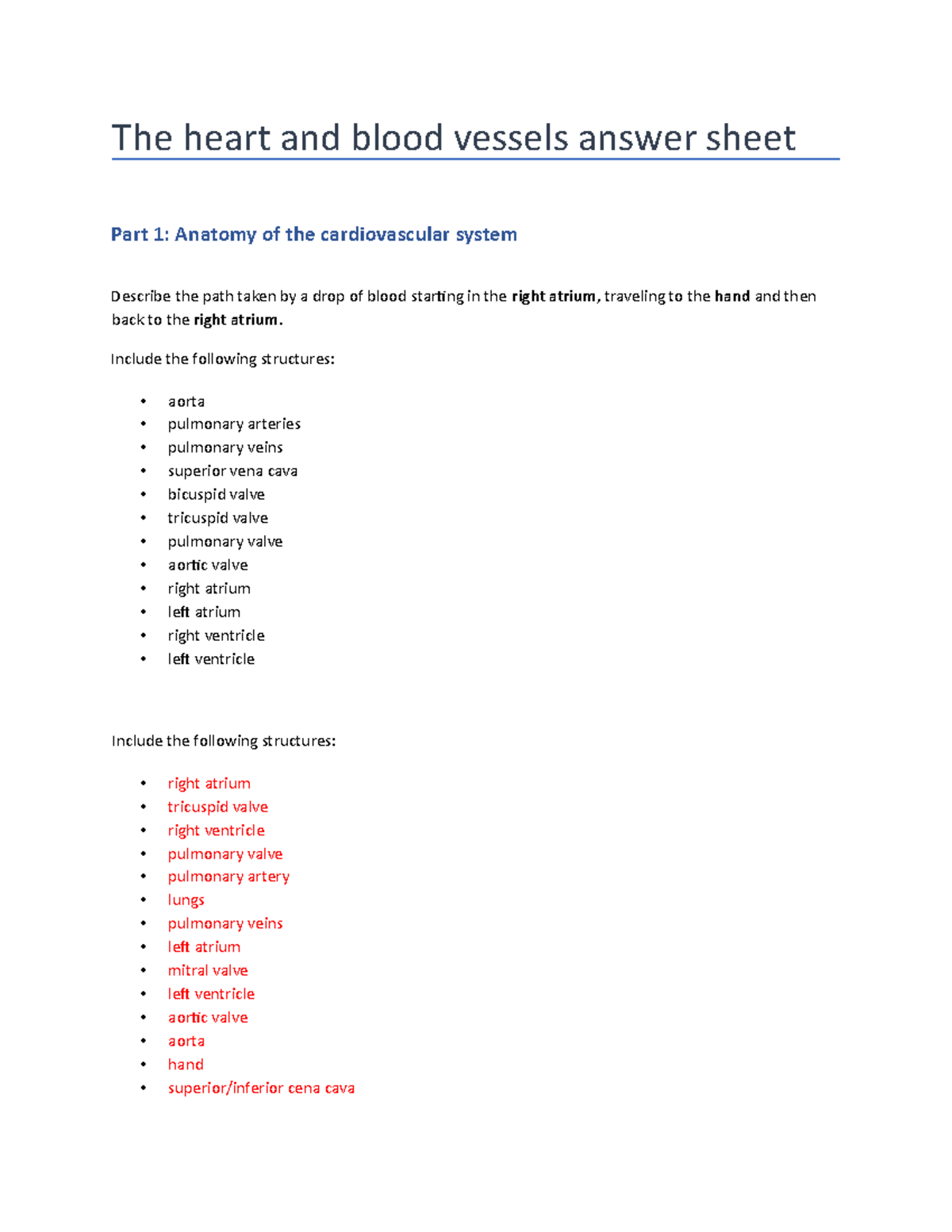 Cardio recitation - The heart and blood vessels answer sheet Part 1 ...
