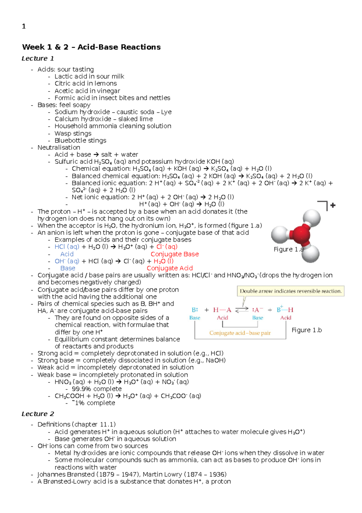 Lecture Notes - Week 1 & 2 – Acid-Base Reactions Lecture 1 Acids: sour ...