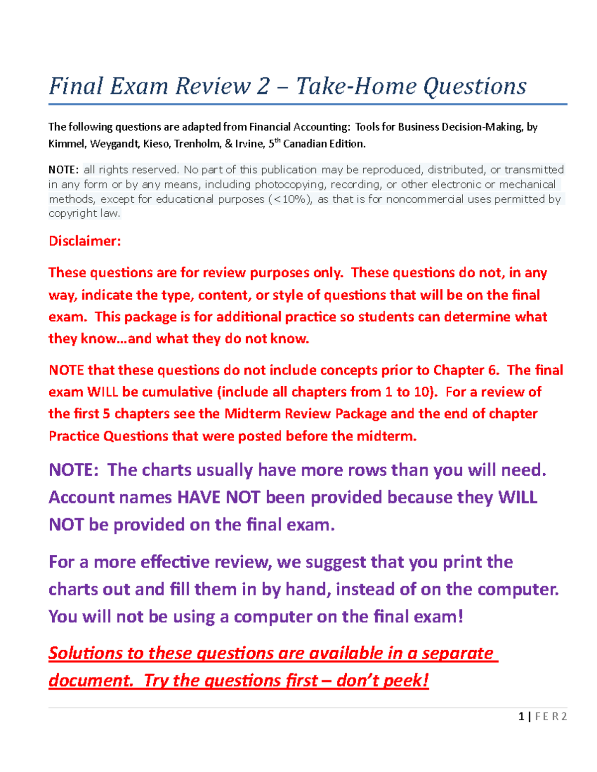 Final Exam, questions - Final Exam Review 2 – Take-Home Questions The ...