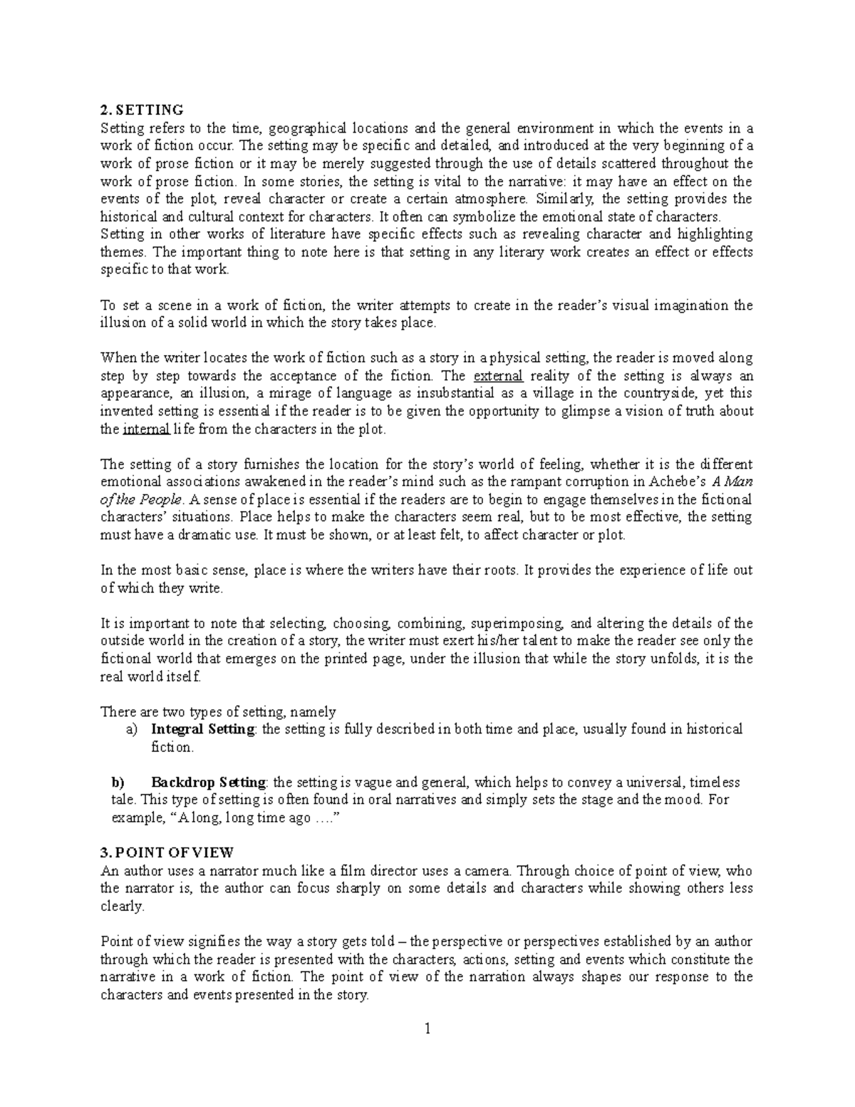 2 Setting and Point OF VIEW - 2. SETTING Setting refers to the time ...