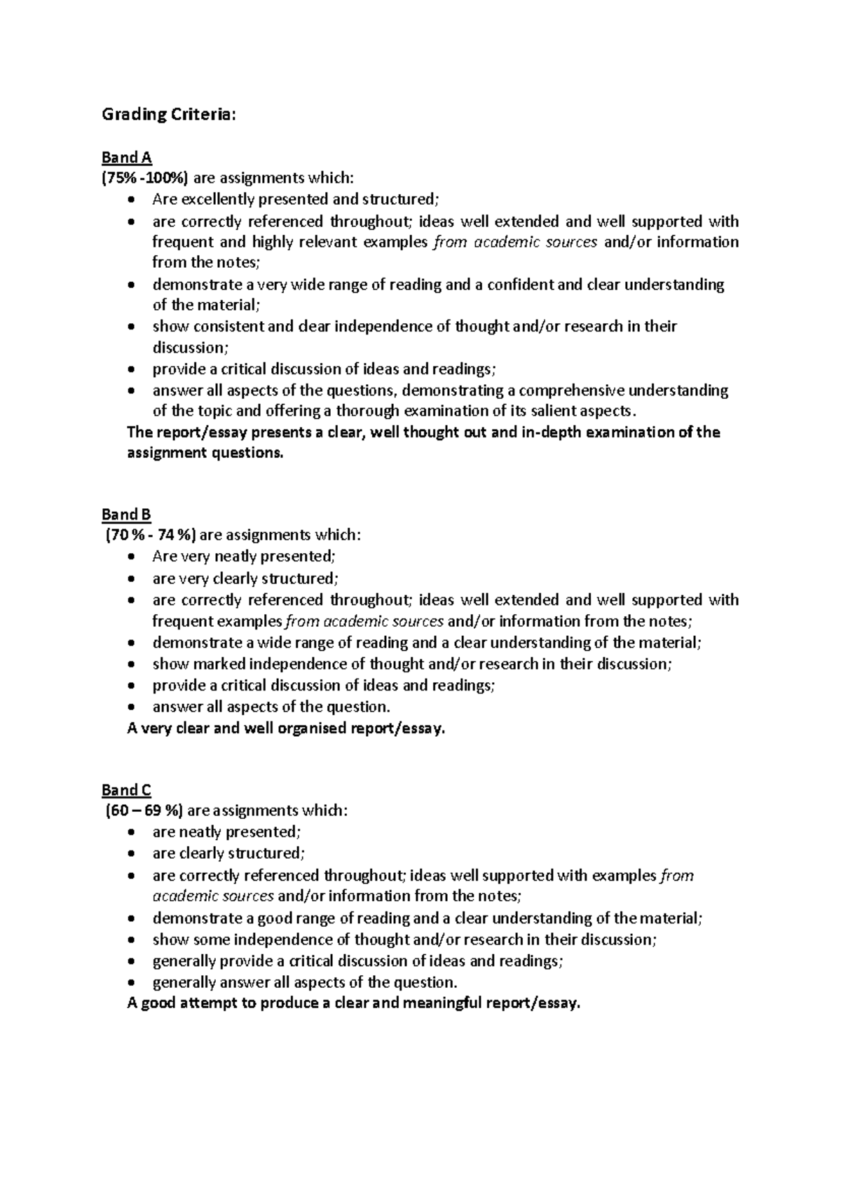 Grading Criteria - Grading Criteria: Band A ( 75 % - 100%) are ...