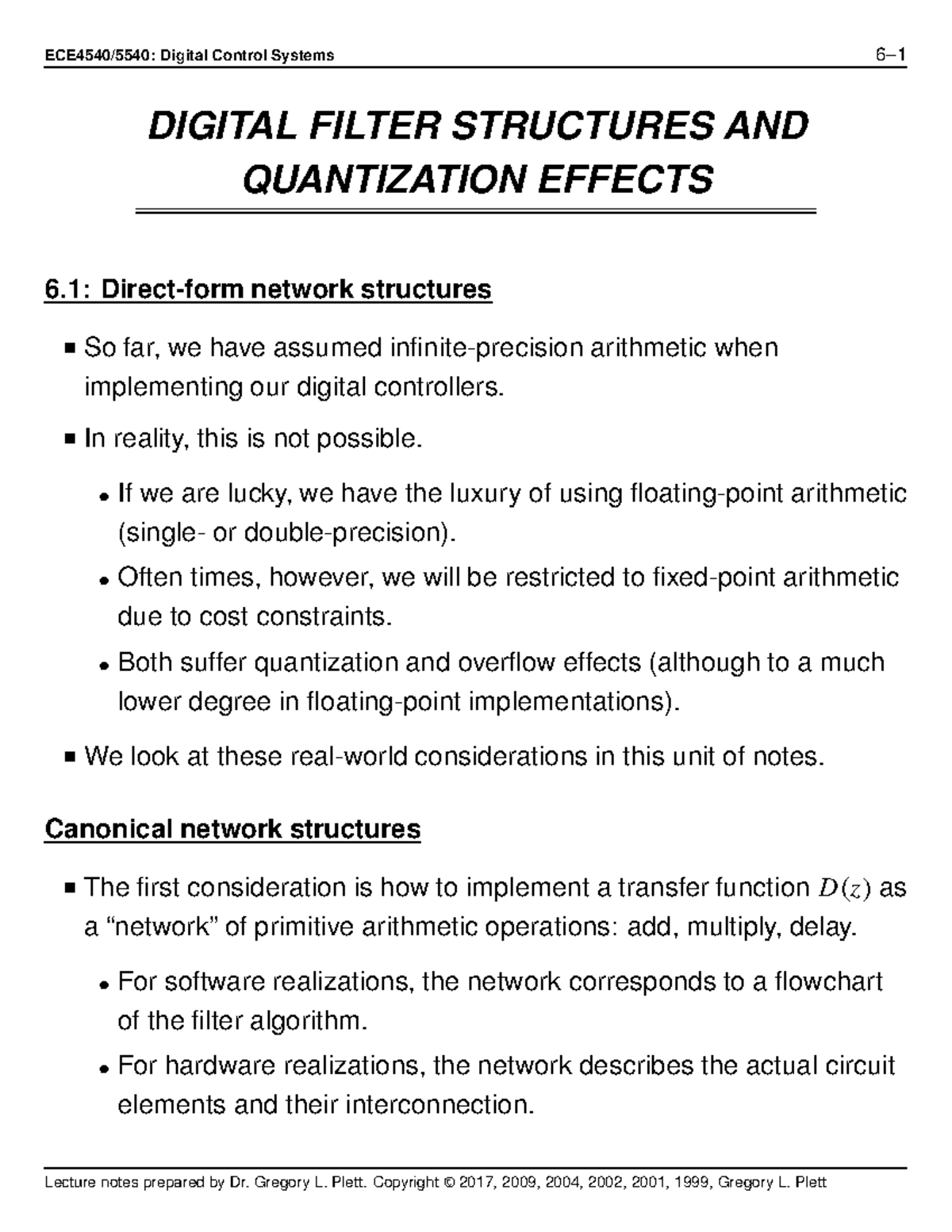 Digital Filter Structures and Quantization Effects Notes - ECE4540/5540 ...