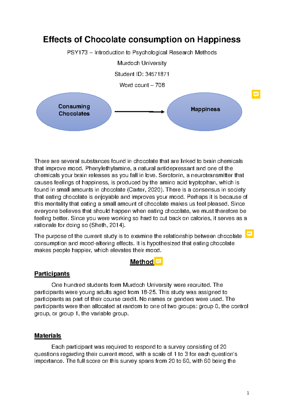 PSY173 34571871 LAB Report - Effects of Chocolate consumption on ...