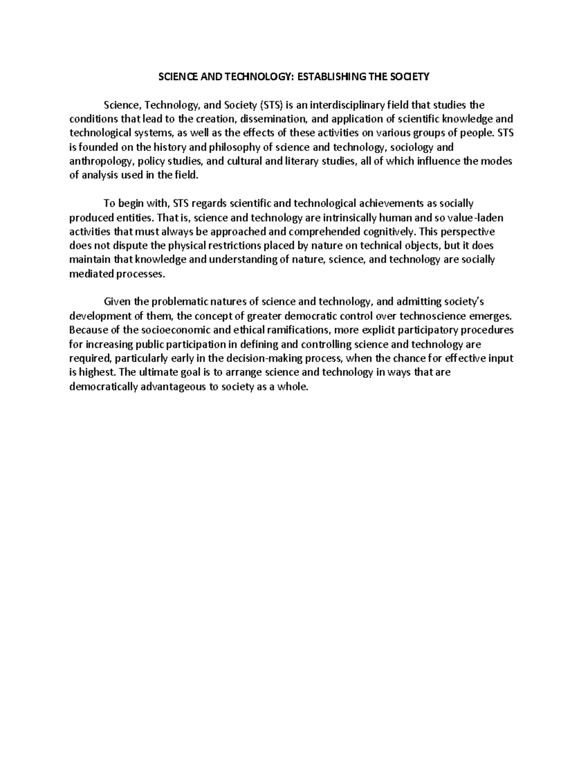 Sinsuat STS1 Stessay - STS ESSAY - SCIENCE AND TECHNOLOGY: ESTABLISHING ...