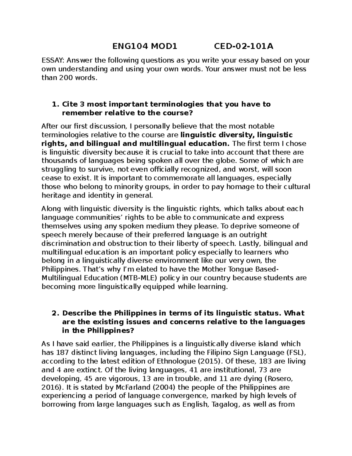 ENG 104 Module 1 Assignment - Important Terminologies and Philippine ...