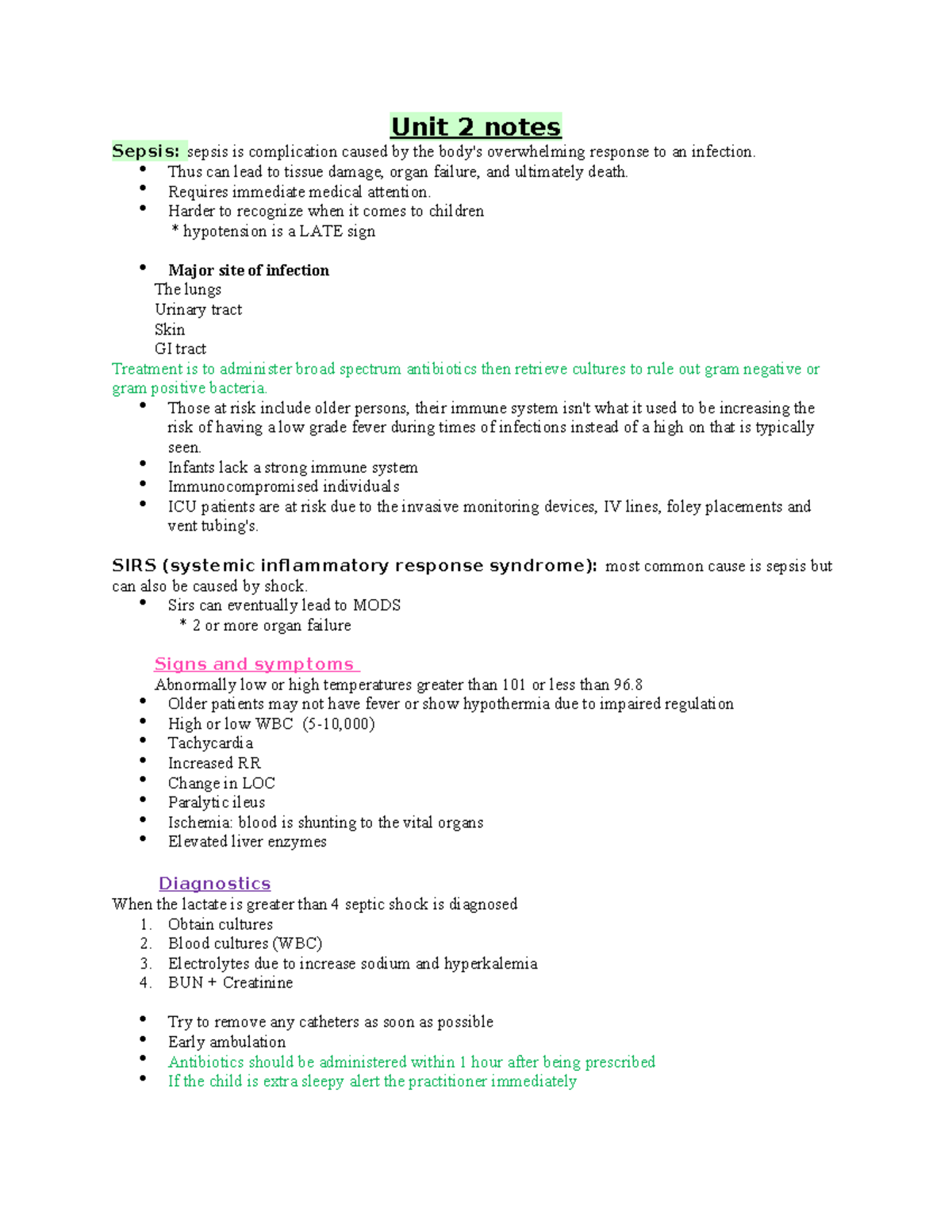 Unit 2 notes - unit 2 semester 4 - Unit 2 notes Sepsis: sepsis is ...