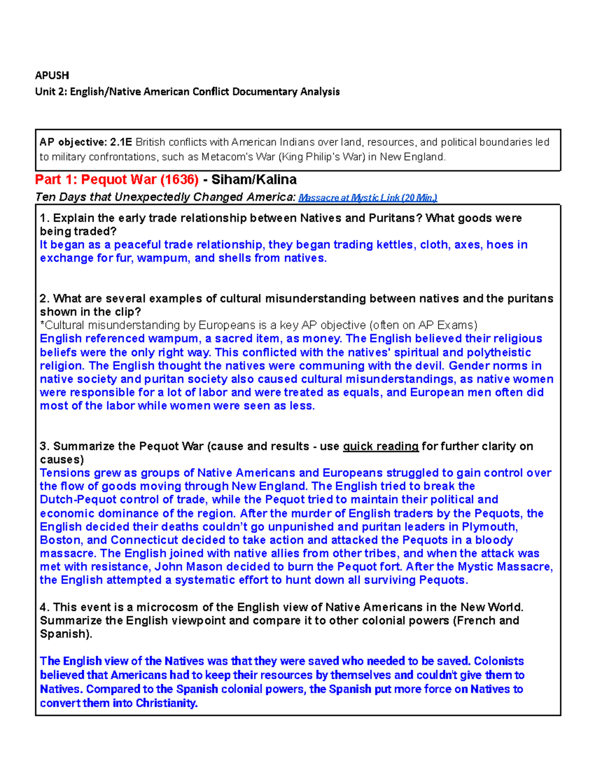 Pequot War King Philip's War Analysis - APUSH Unit 2: English/Native ...