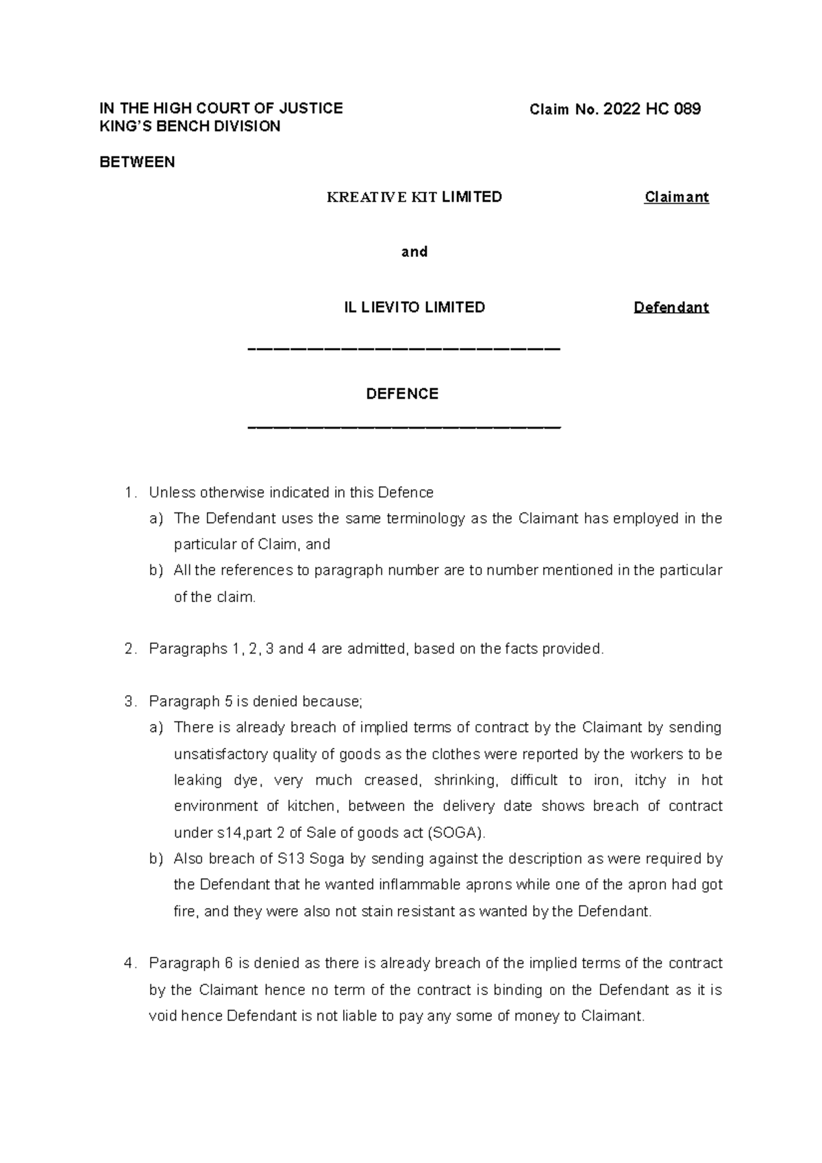 Defance draft 11 - IN THE HIGH COURT OF JUSTICE KING’S BENCH DIVISION ...