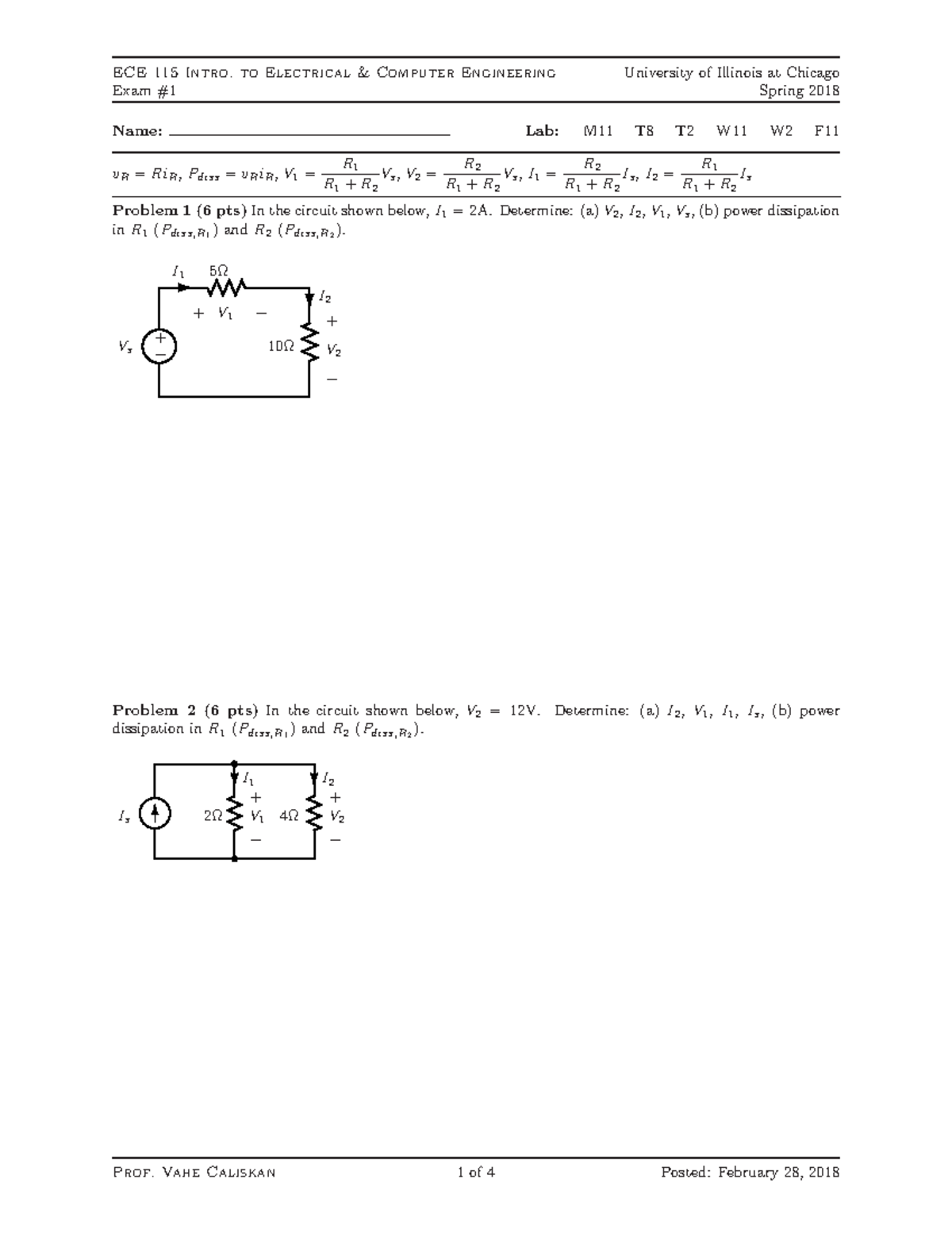 ECE 115 Exam 1 - Exam Questions - Exam # Spring 2018 Name: Lab: M11 T8 ...