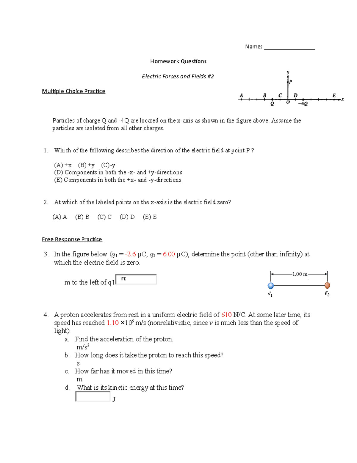 Ws 2 electric fields - Name: ________________ Homework Questions ...