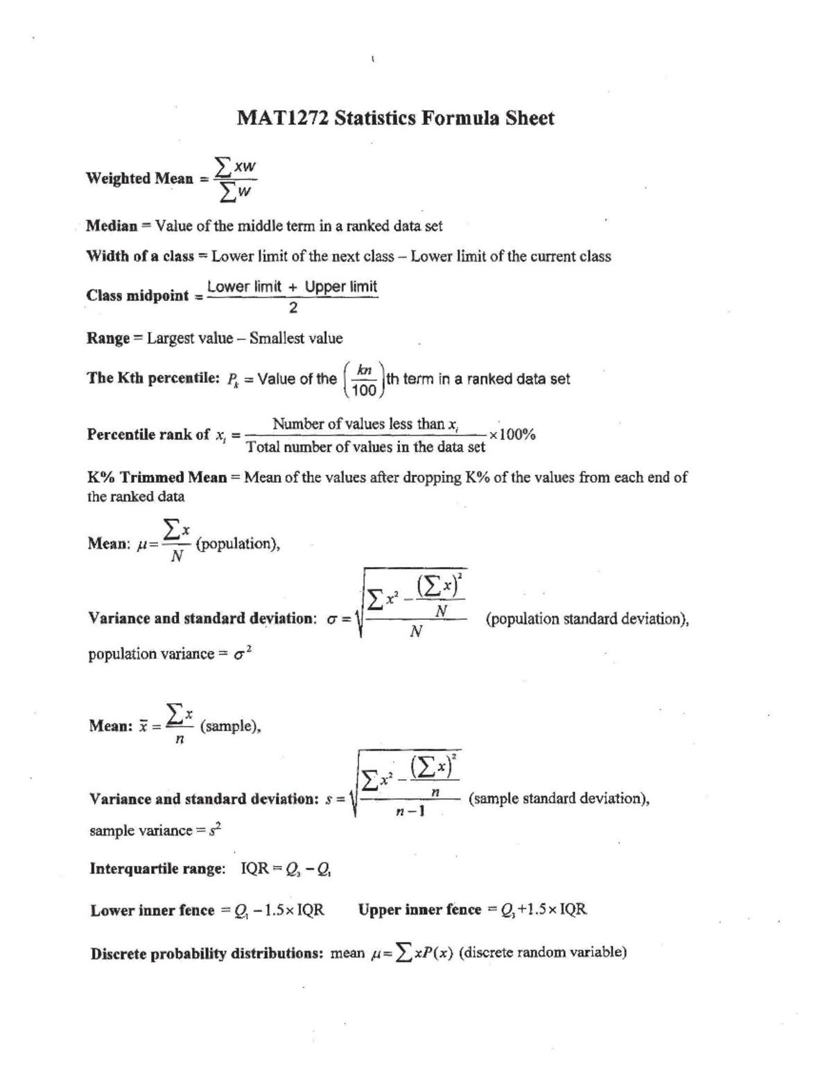 MAT1272Formula Sheet Tables - MAT1272 Statistics Formula Sheet LXW ...