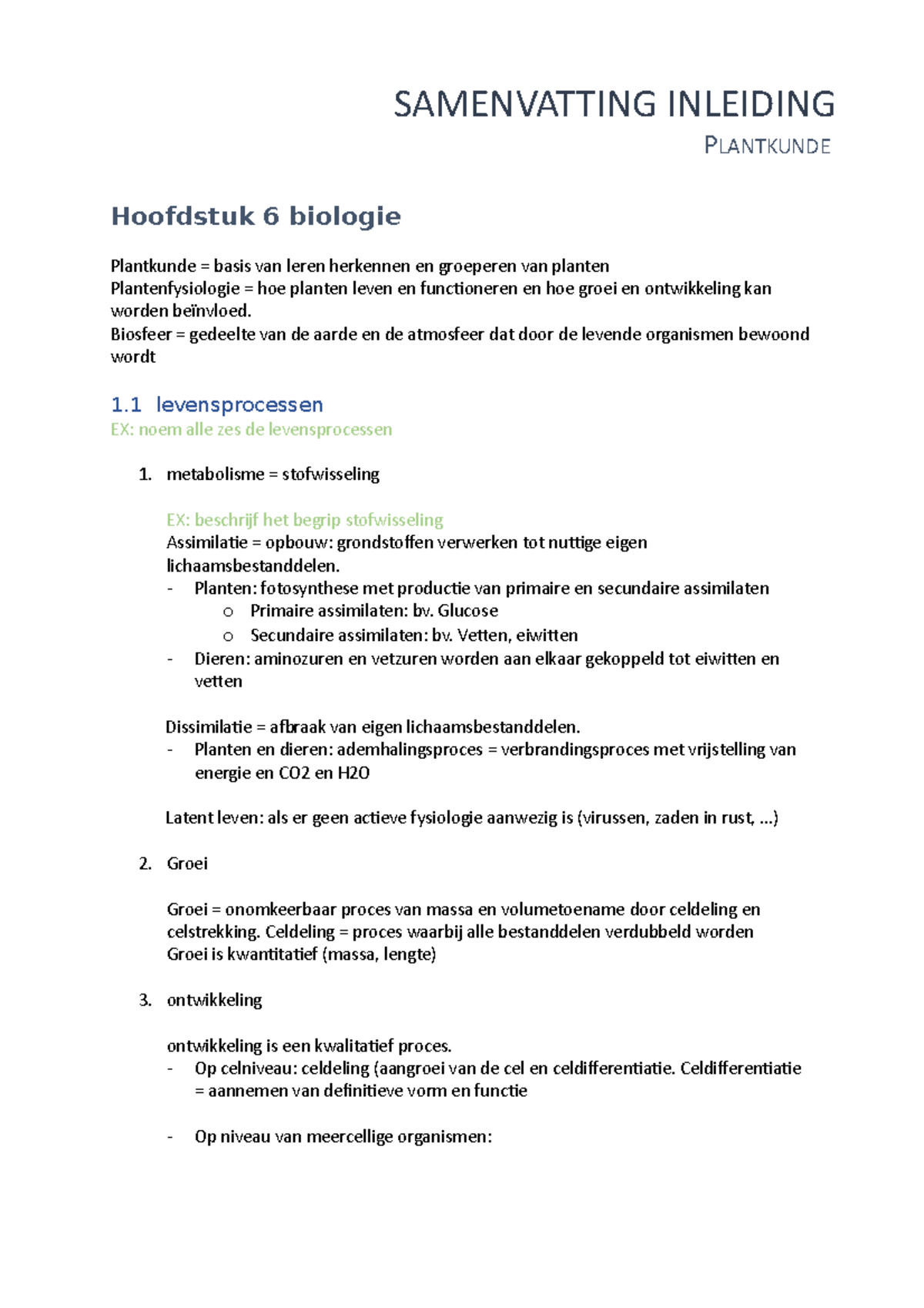 Samenvatting inleiding - SAMENVATTING INLEIDING PLANTKUNDE Hoofdstuk 6 ...