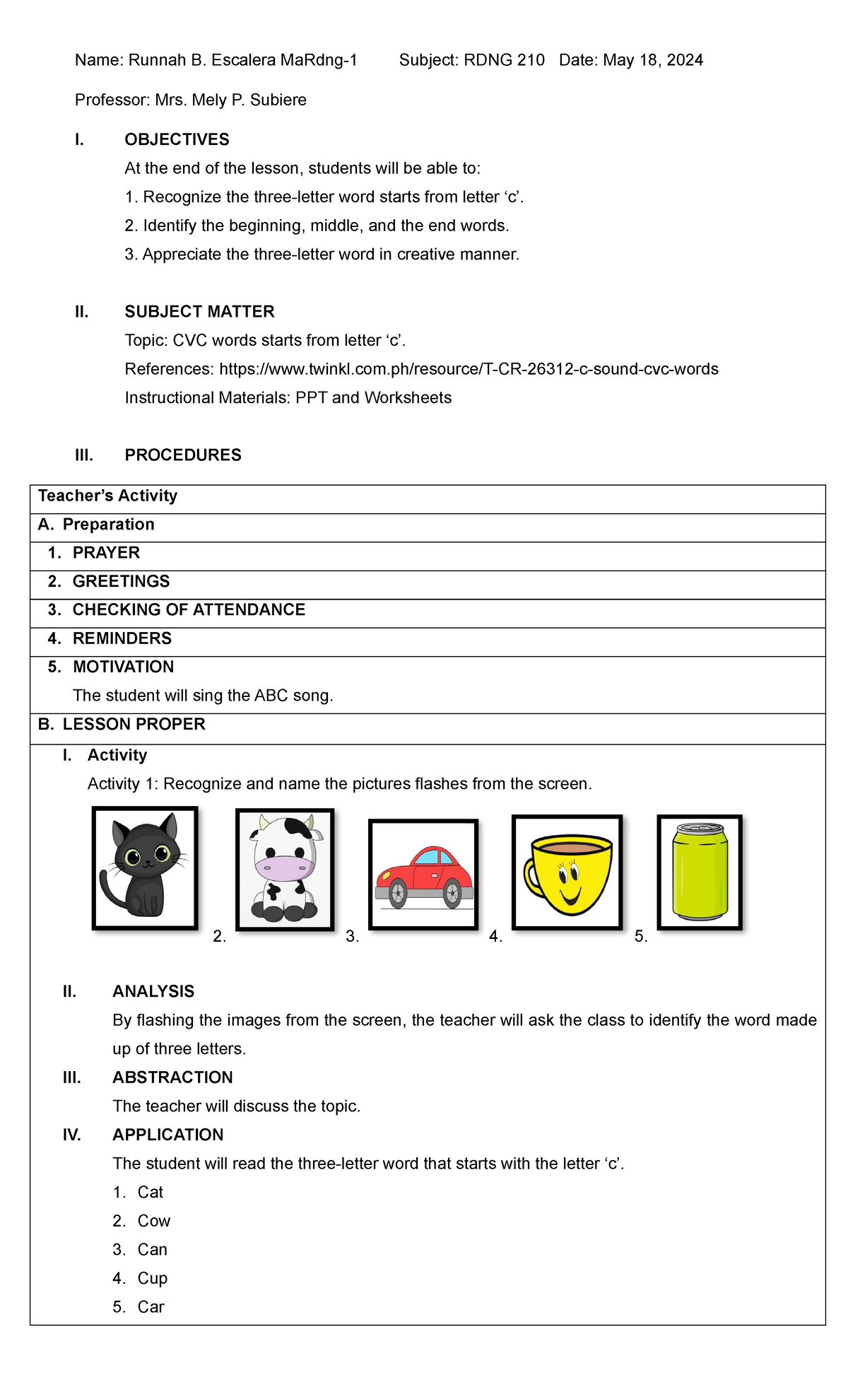 Detailed Lesson Plan for CVC words - Name: Runnah B. Escalera MaRdng-1 ...