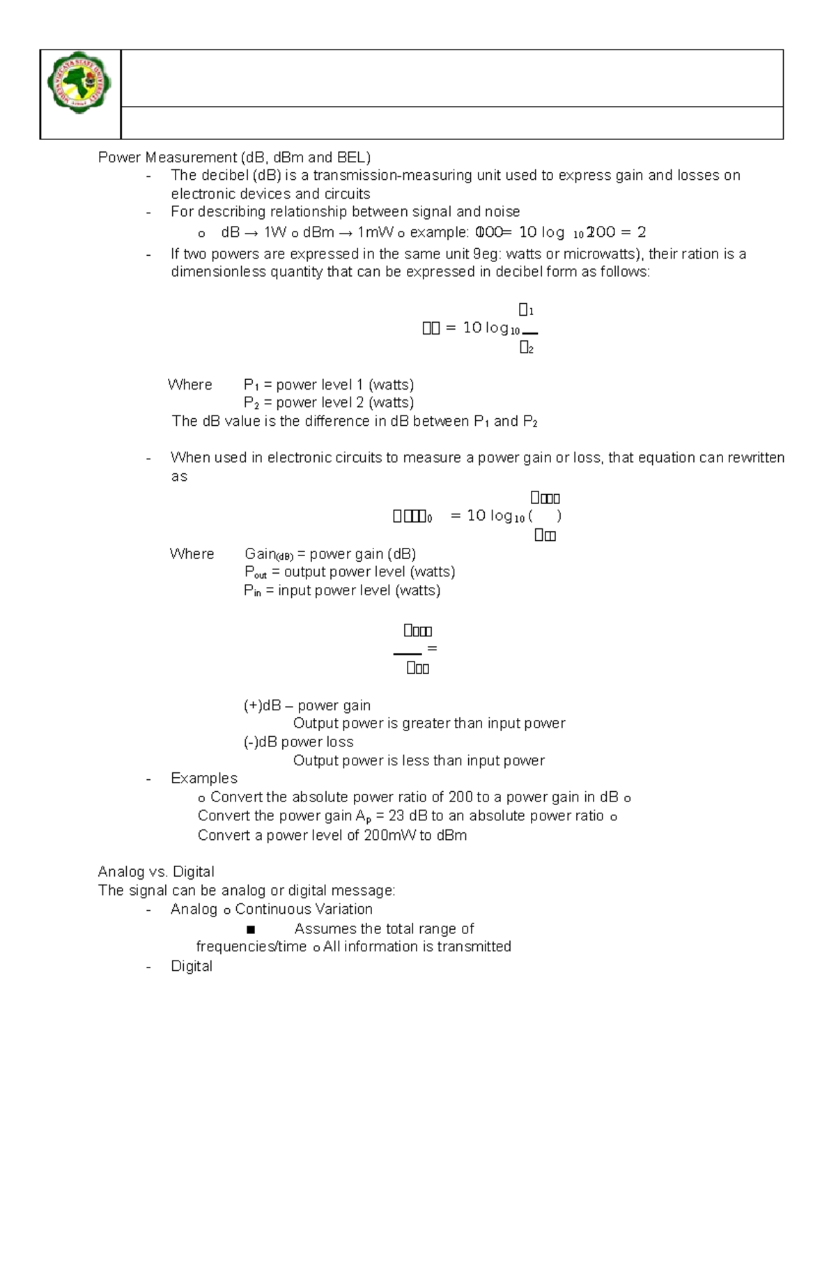 Power Measurement - Digital The signal can be analog or digital message ...