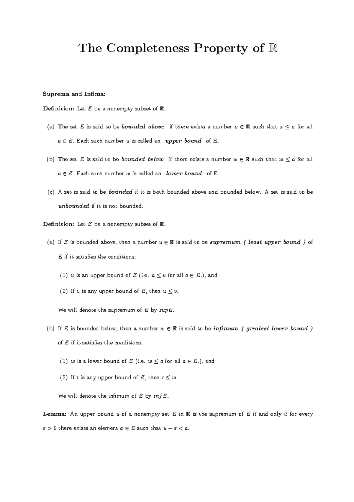 Completeness theorem sup and inf - The Completeness Property of R Suprema and Infima: Definition ...