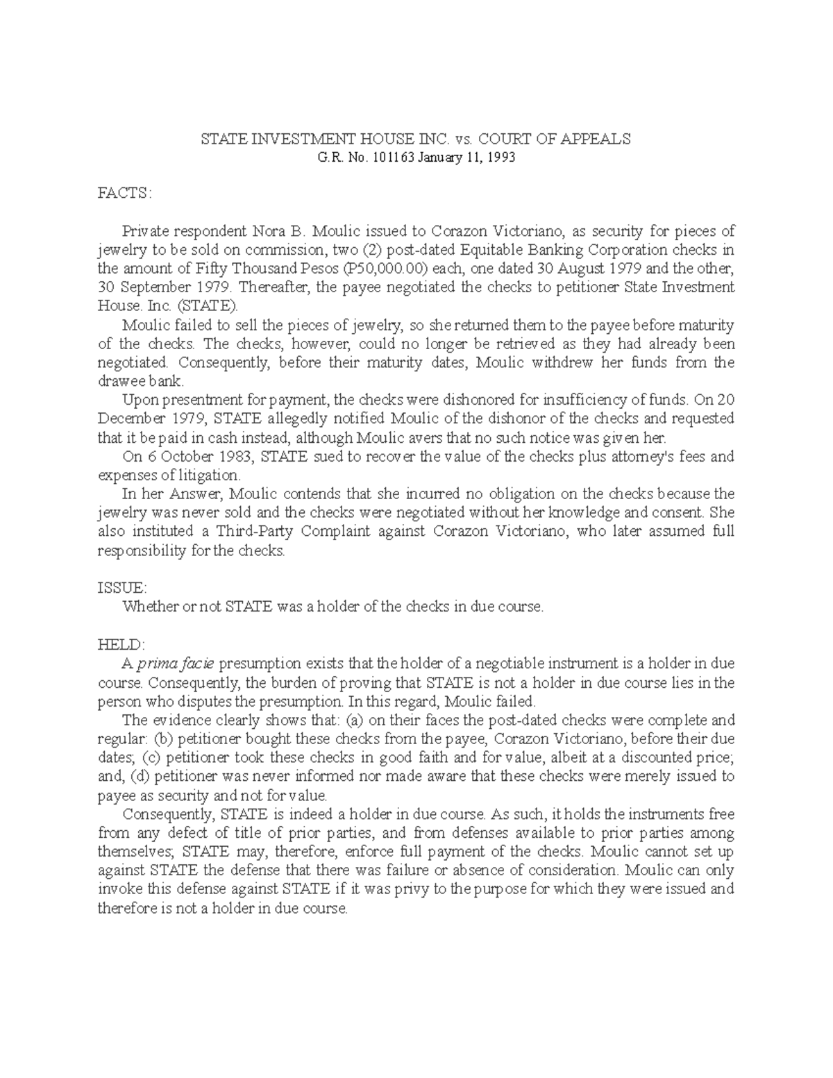 Business Law - Sample Format Case Digests - STATE INVESTMENT HOUSE INC ...