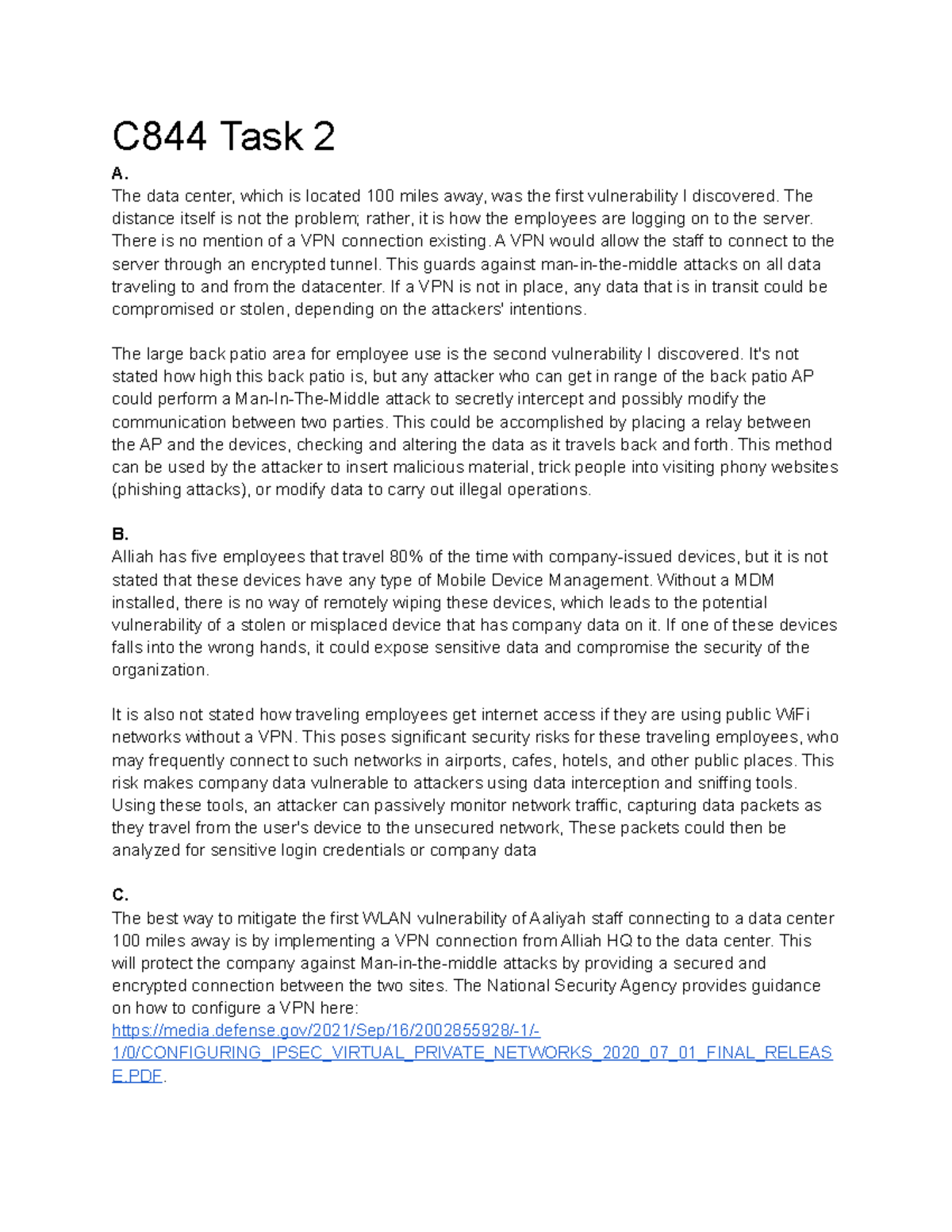 C844 Tasked 2 - GRP1 — GRP1 TASK 2: WLAN AND MOBILE SECURITY PLAN - C844 Task 2 A. The data ...