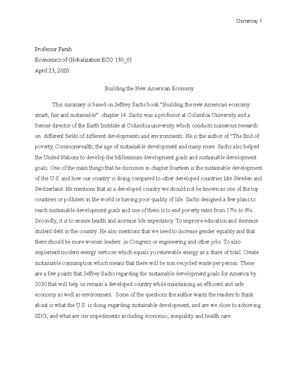 Sachs 2017 Chapter 14 - Grade: A+ - Osmenaj 1 Professor Farah Economics ...