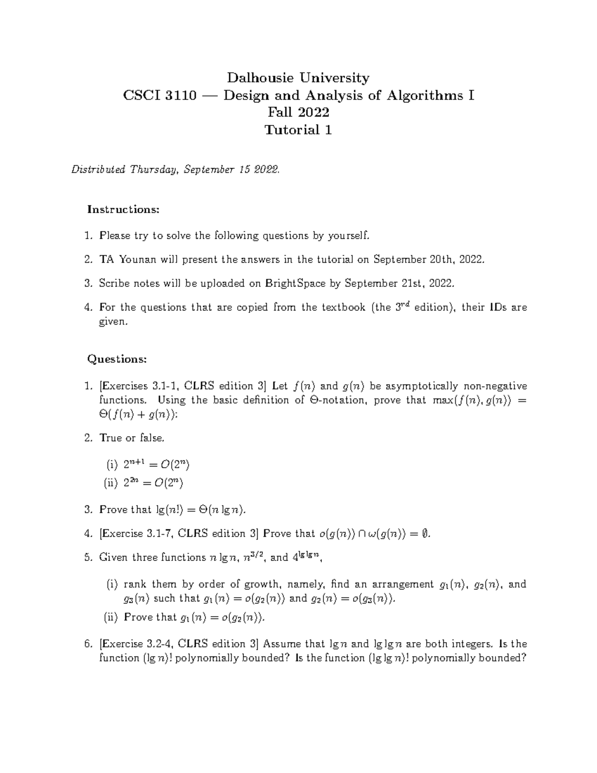 Exercises for Tutorial 1 - Dalhousie University CSCI 3110 — Design and Analysis of Algorithms I ...