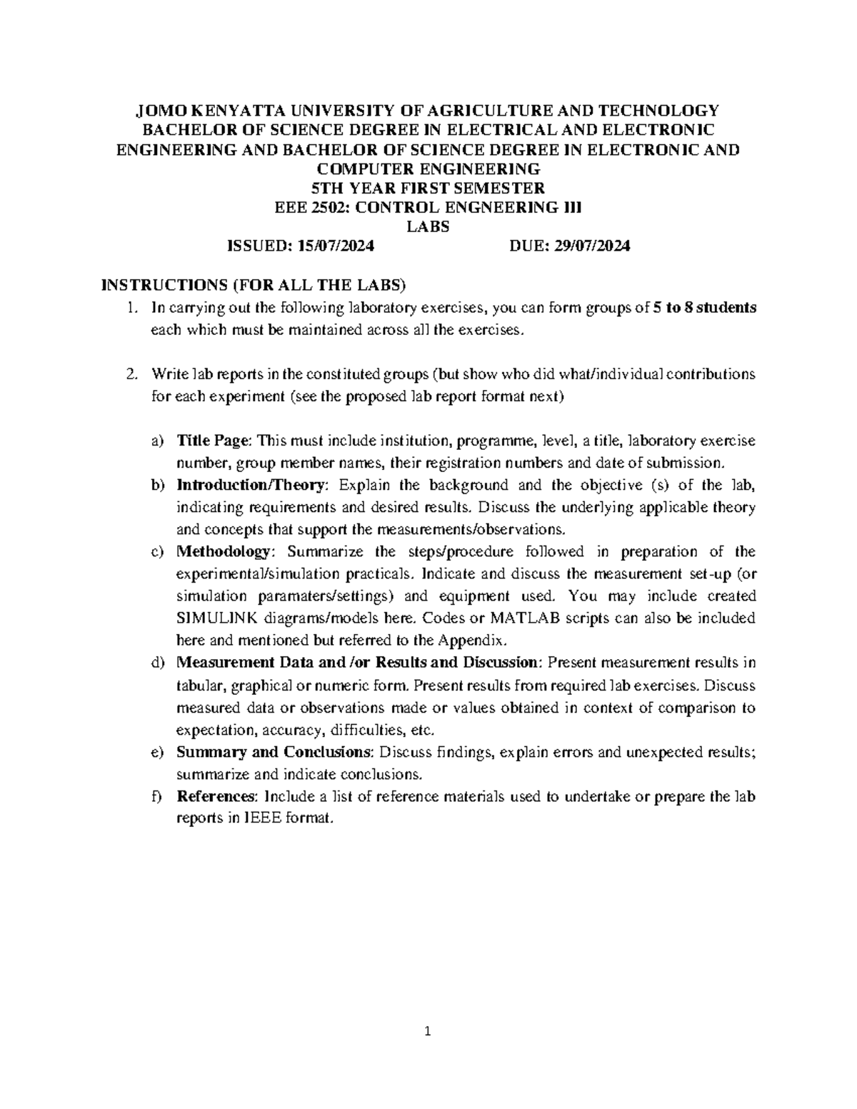 EEE2502- Control ENG-III-LAB1 - JOMO KENYATTA UNIVERSITY OF AGRICULTURE AND TECHNOLOGY BACHELOR ...