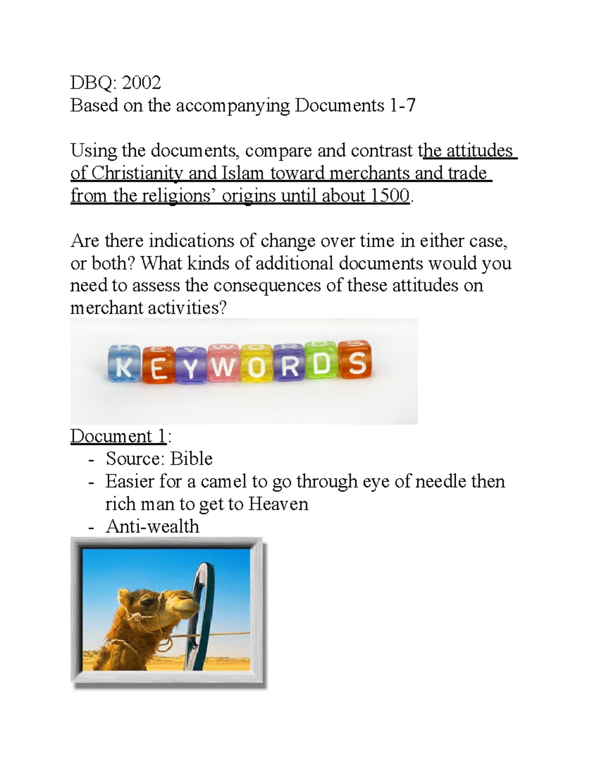 Notes Trade Christianity and Islam DBQ - DBQ: 2002 Based on the ...