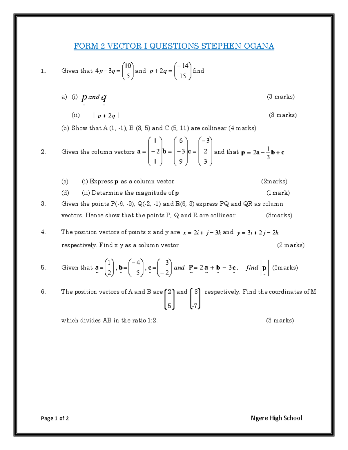 2.20 Vector I - Page 1 of 2 Ngere High School FORM 2 VECTOR I QUESTIONS ...