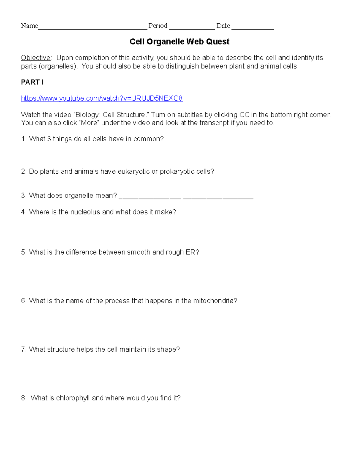 Travis Williams - Organelle Web Quest - Cell Organelle Web Quest ...