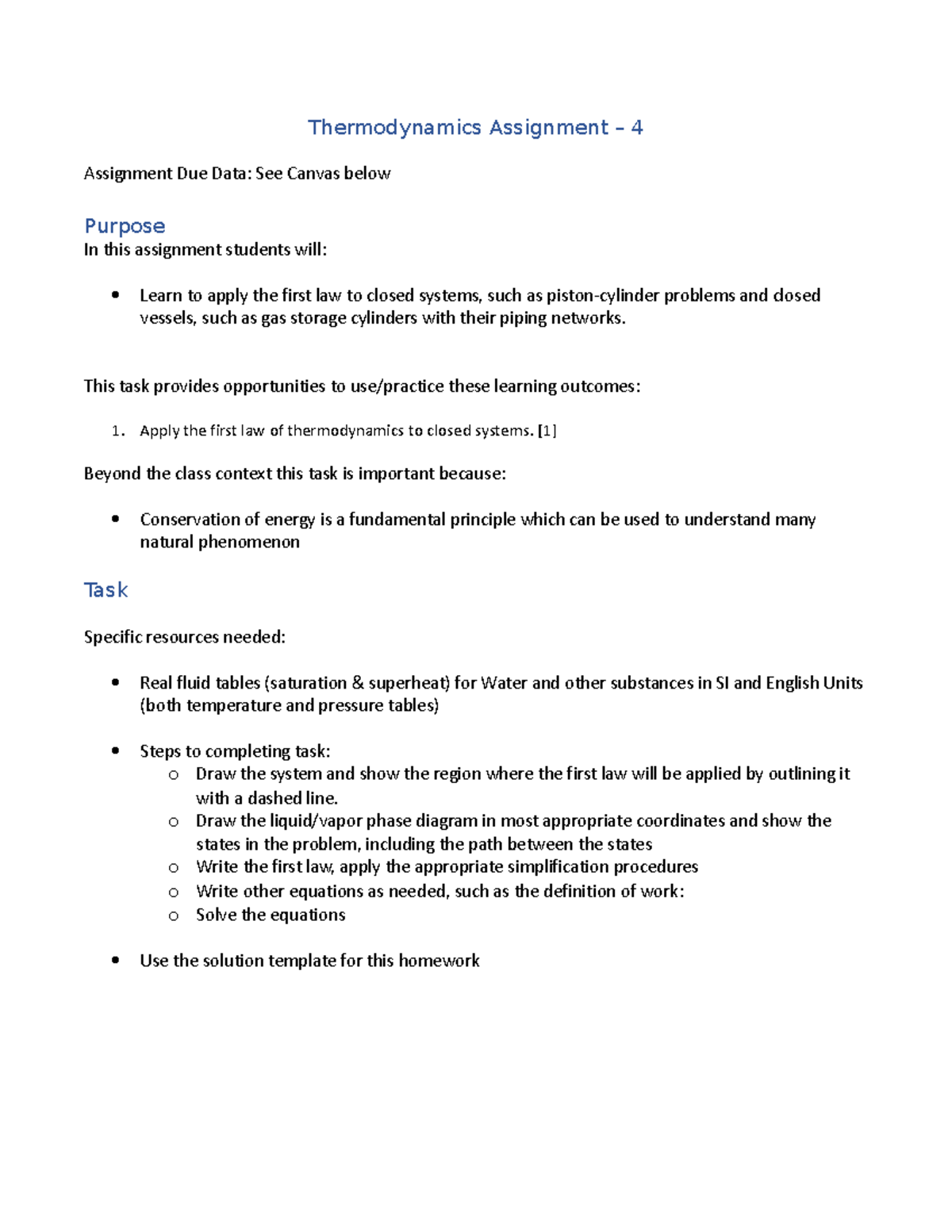 Thermo HW 4 - First Law Closed System - Thermodynamics Assignment – 4 ...