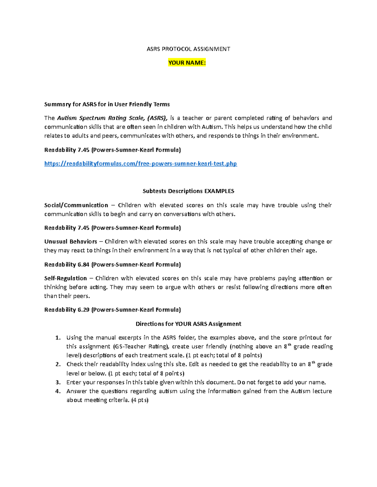 ASRS Protocol Assignment - ASRS PROTOCOL ASSIGNMENT YOUR NAME: Summary ...
