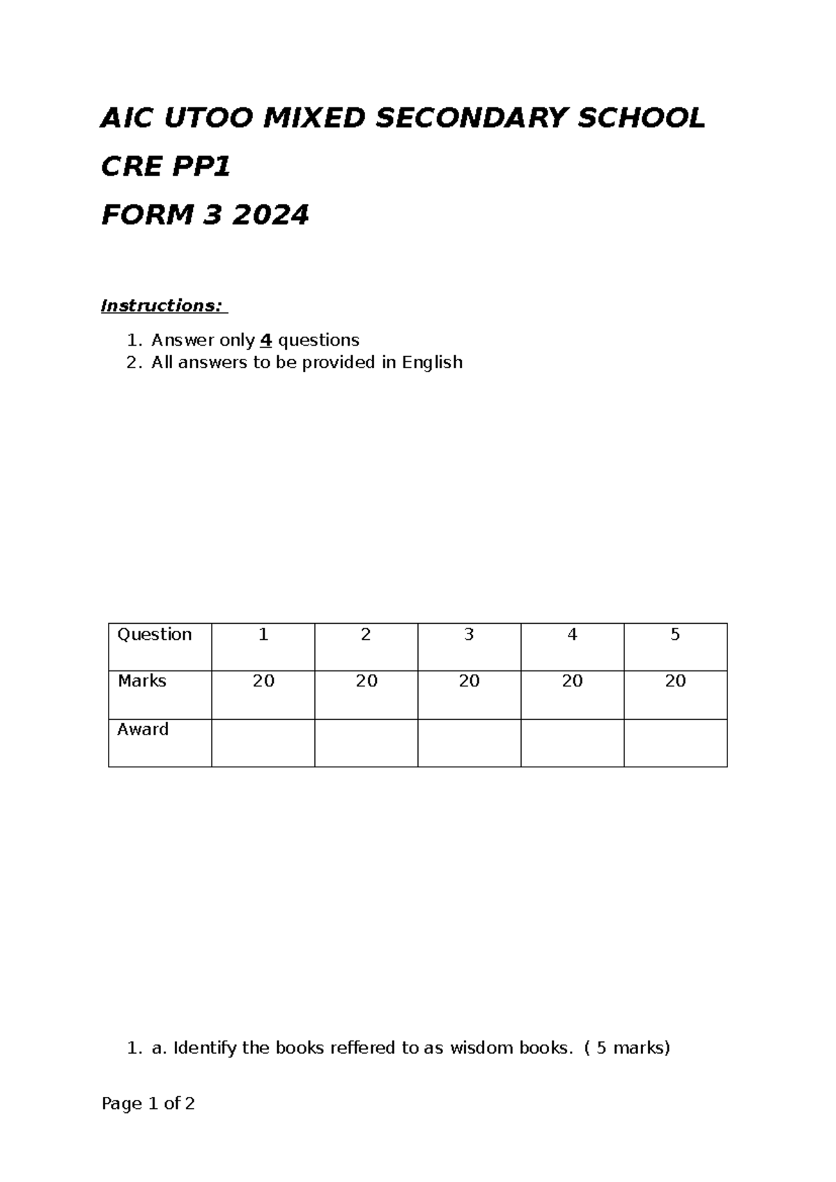 Cre pp1 form 3 - Cre paper one question - kenya certificate of ...