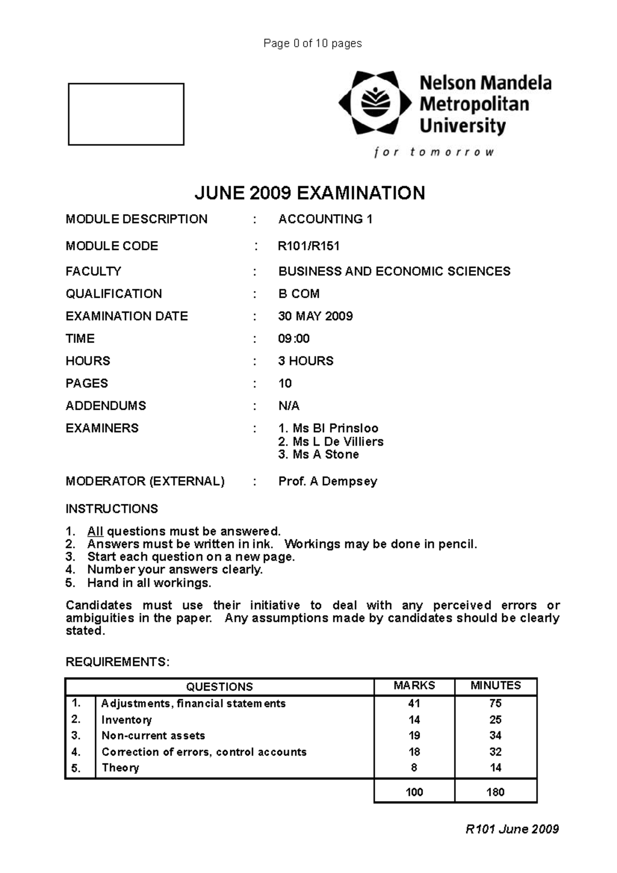 R101 JUNE 2009 Question - JUNE 2009 EXAMINATION MODULE DESCRIPTION ...