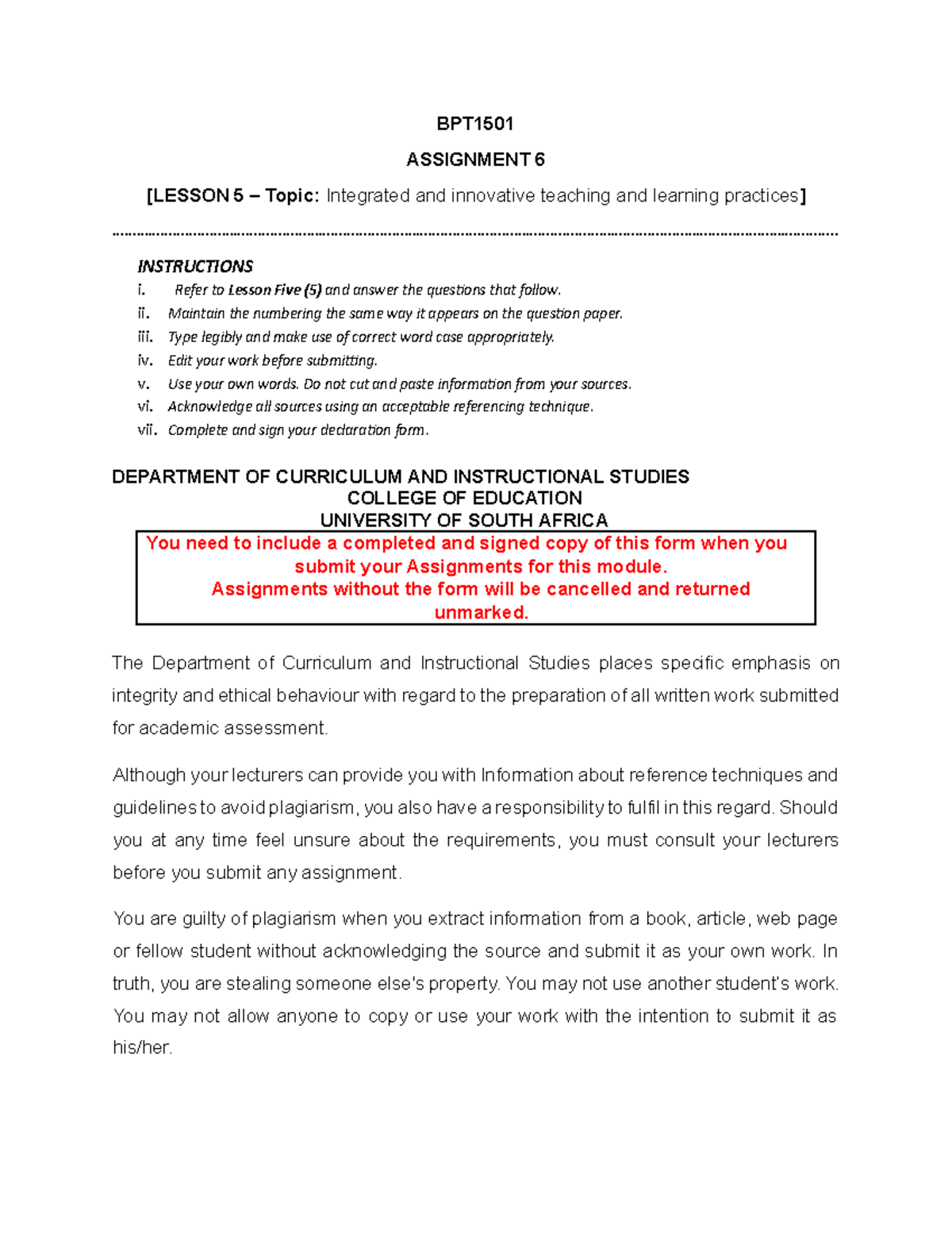 Assignment 6 Lesson 5 Final - BPT ASSIGNMENT 6 [LESSON 5 – Topic: Integrated and innovative ...