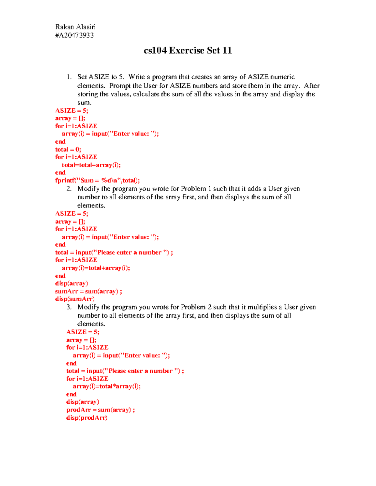 Lab Set Exercise 11 A Cs104 Exercise Set 11 1 Set Asize To 5 Write A Program That Creates