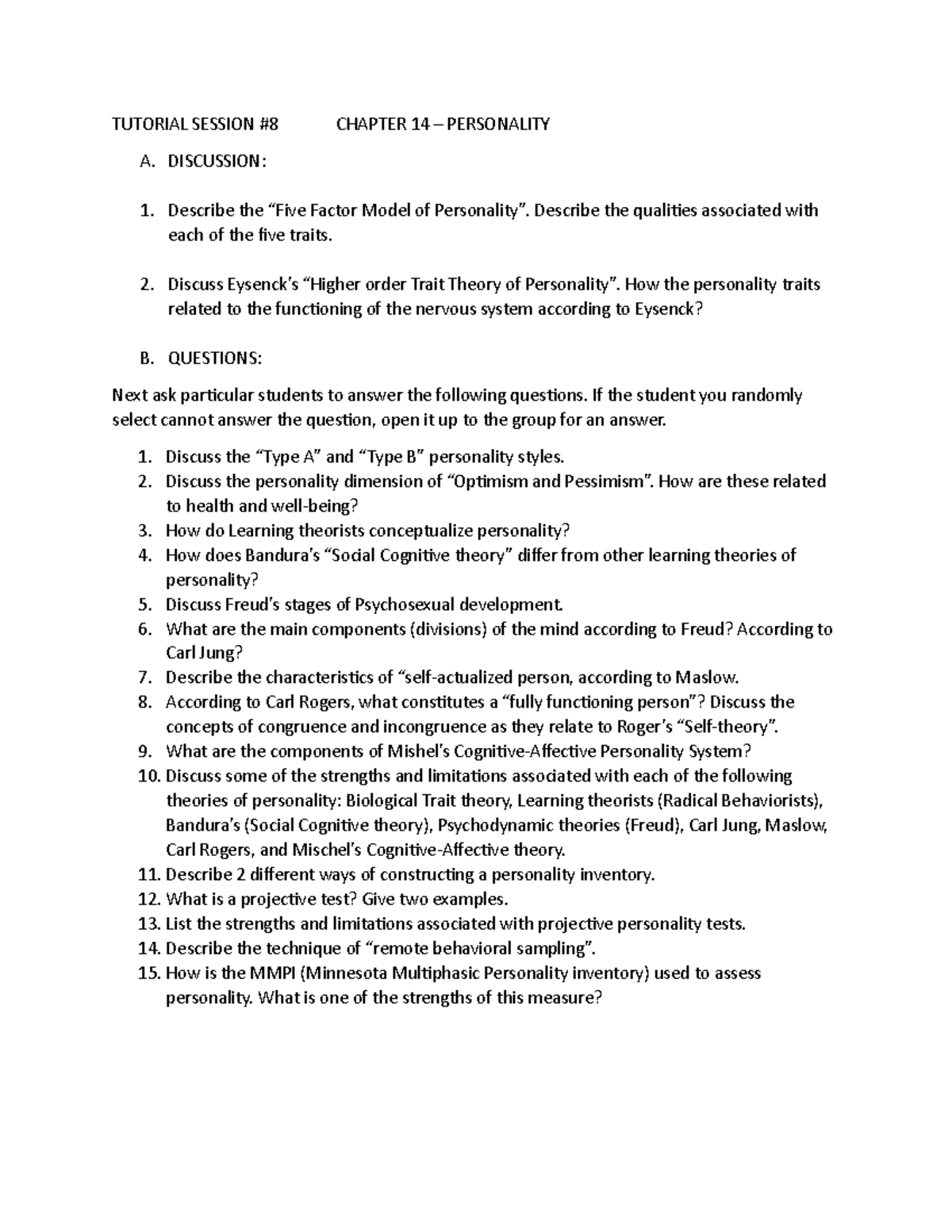 Tutorial Session 8 - yes - TUTORIAL SESSION #8 CHAPTER 14 – PERSONALITY ...