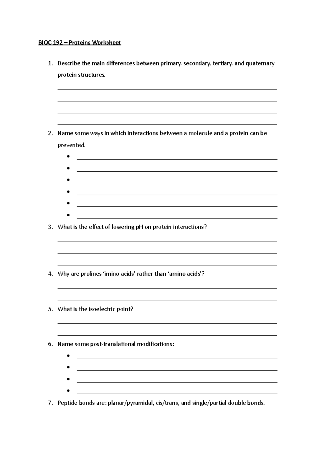 Proteins-Worksheet - proteins worksheet - BIOC 192 – Proteins Worksheet ...