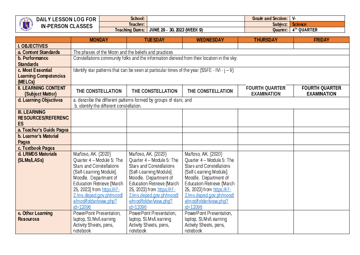 G5 Q4W9 DLL Science (MELCs) - DAILY LESSON LOG FOR IN-PERSON CLASSES ...