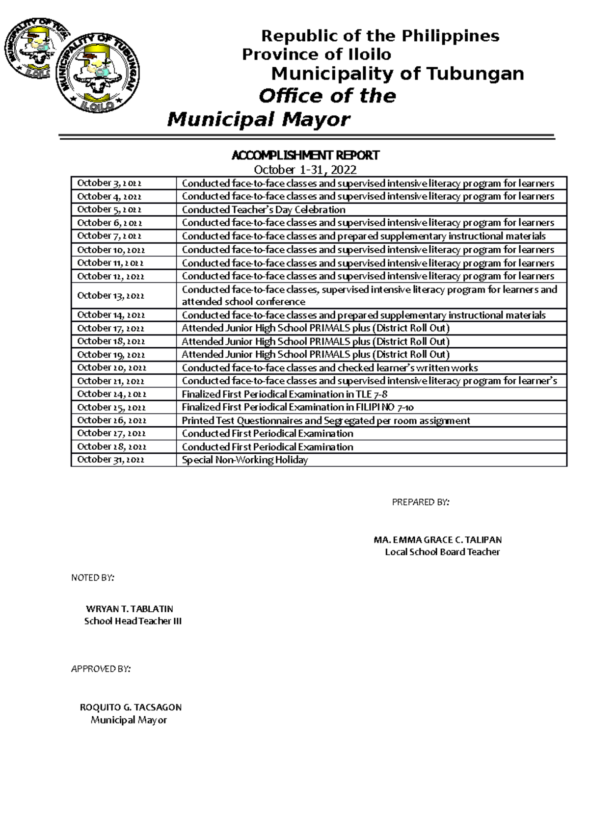 Accomplishment Report October - Republic of the Philippines Province of ...