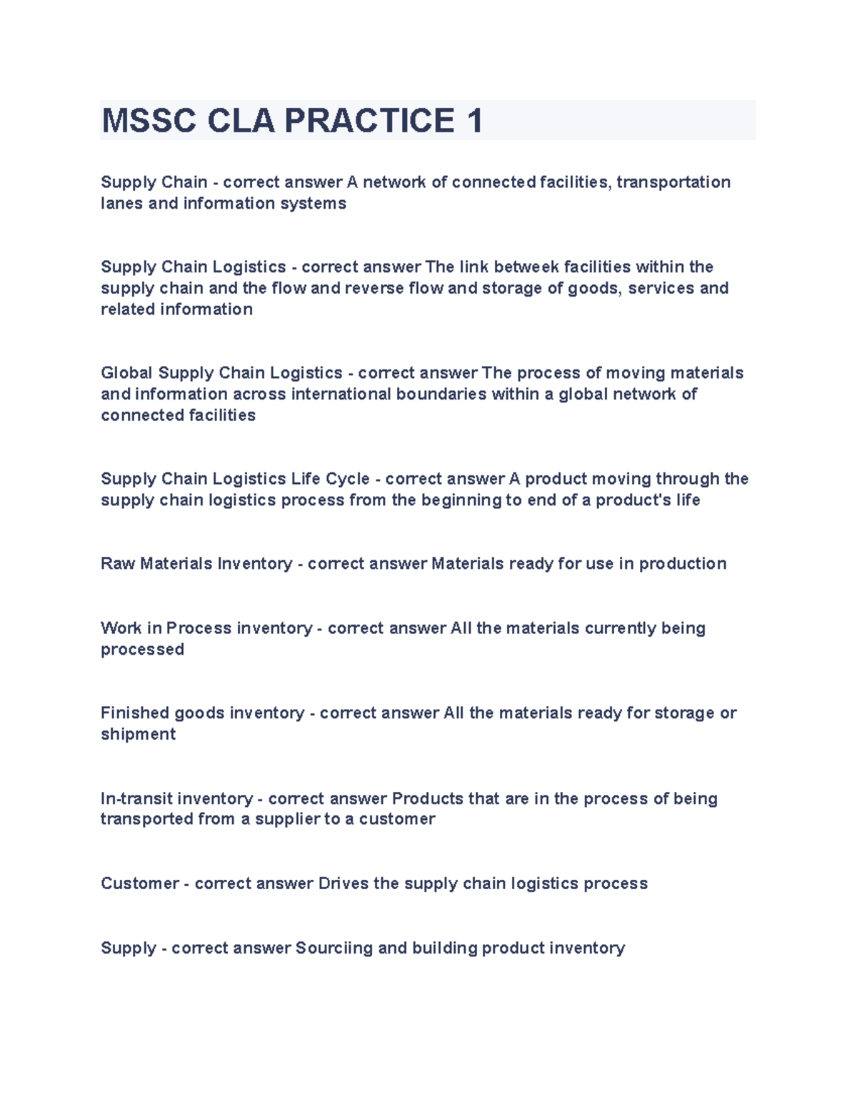 MSSC CLA Practice 1 - MSSC CLA PRACTICE 1 Supply Chain - correct answer ...
