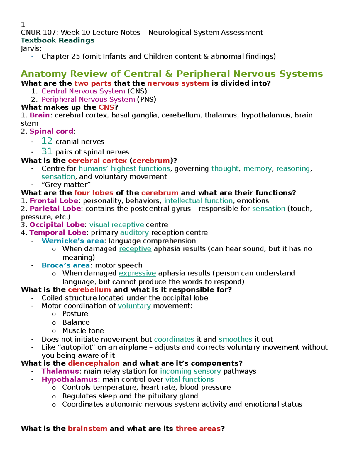 Week 10 Neurological System Lecture Notes 107 - CNUR 107: Week 10 ...
