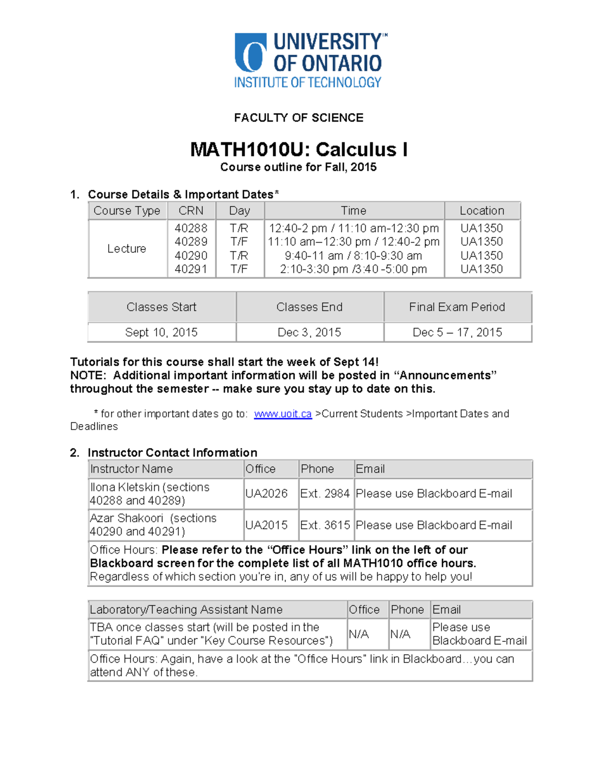 Syllabus 1010 f15 - FACULTY OF SCIENCE MATH1010U: Calculus I Course ...