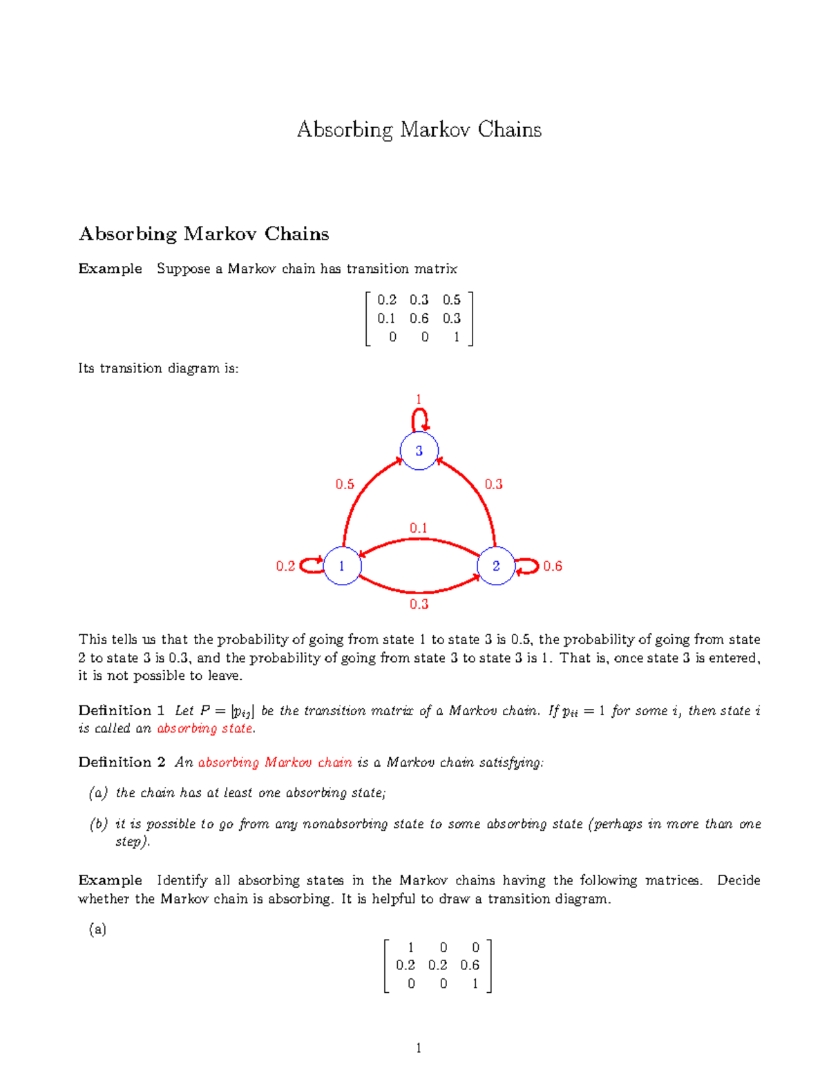 8.3 notes Absorbing Markov Chains - Absorbing Markov Chains Absorbing ...