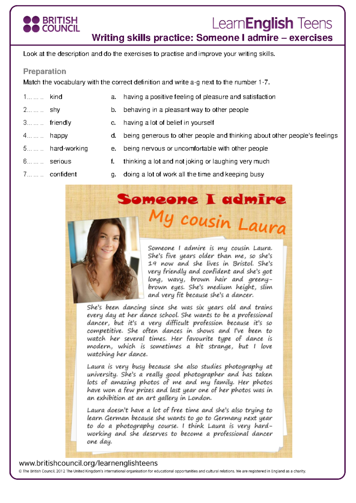Someone i admire - exercises 1 - Look at the description and do the ...