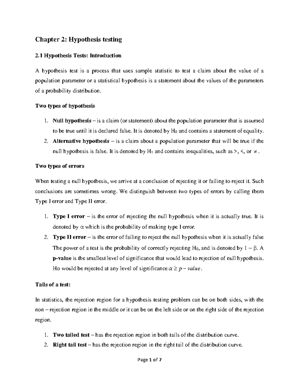 Chapter 2 - HYPOTHESIS TESTING - Chapter 2: Hypothesis testing 2 ...