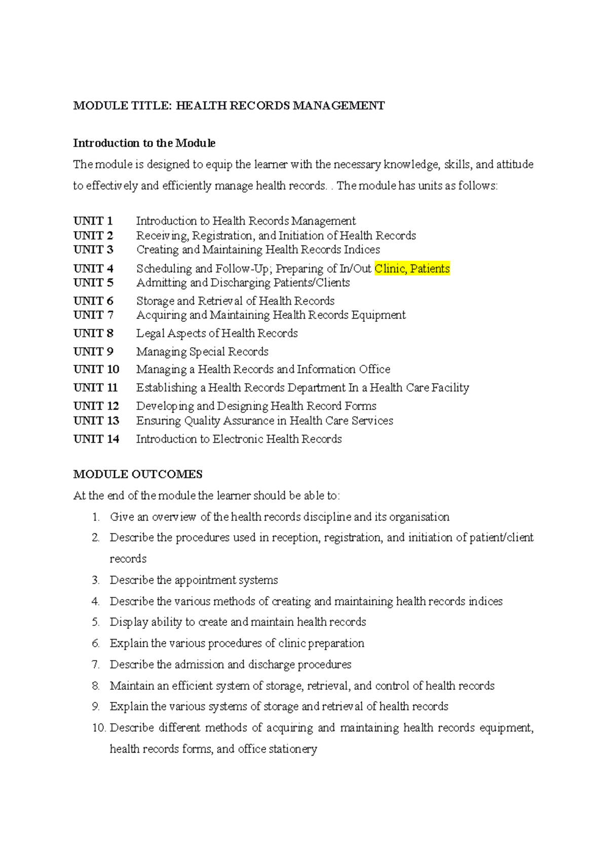 HRM Notez 1-1-1 - Health record studies - MODULE TITLE: HEALTH RECORDS ...
