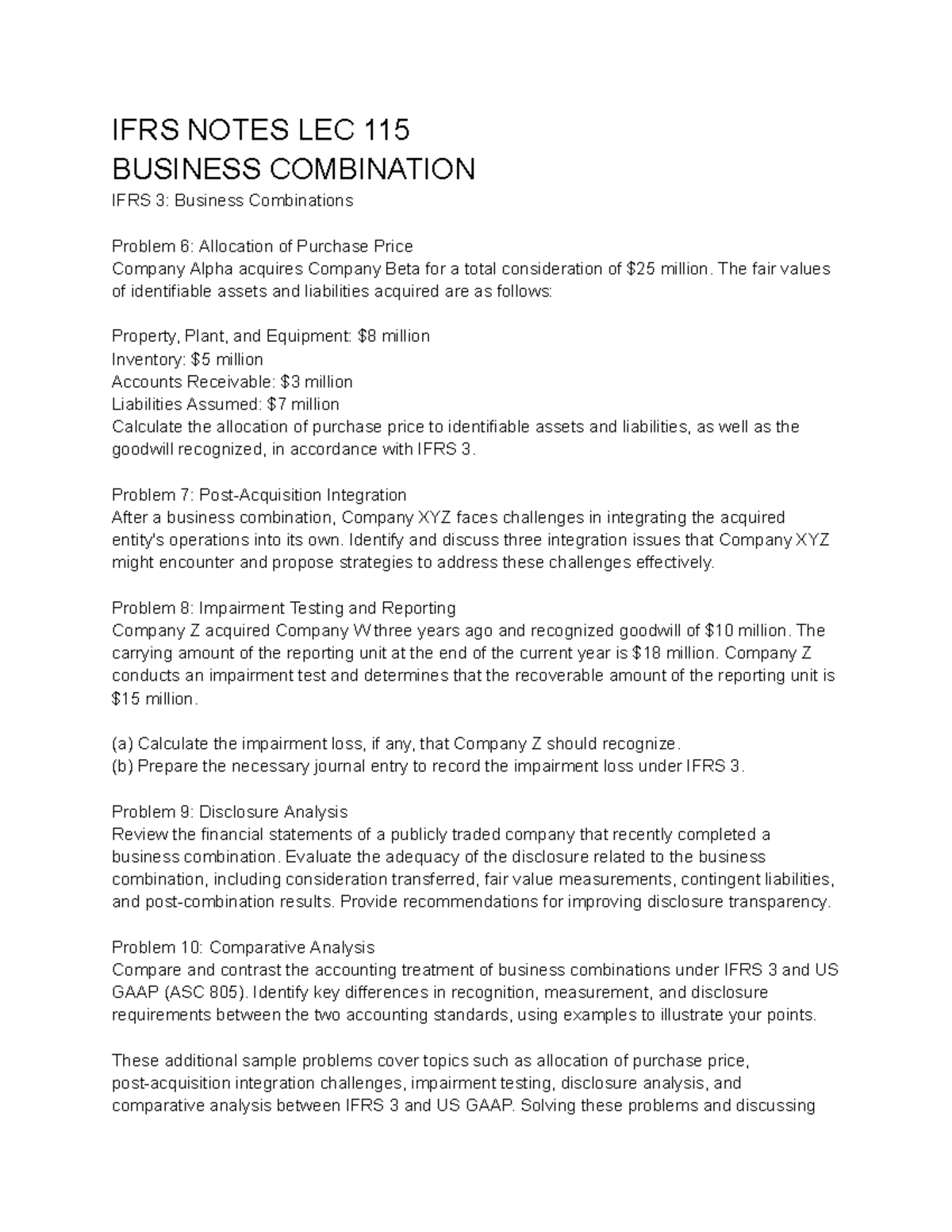Ifrsnotes 315 - ACC - IFRS NOTES LEC 115 BUSINESS COMBINATION IFRS 3 ...
